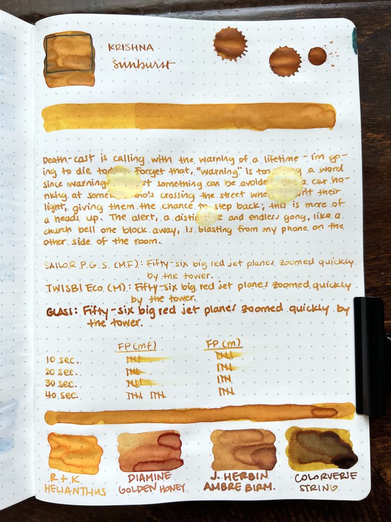 5 Krishna Sunburst ink review tests on Cosmo Air Light - Pen Chalet