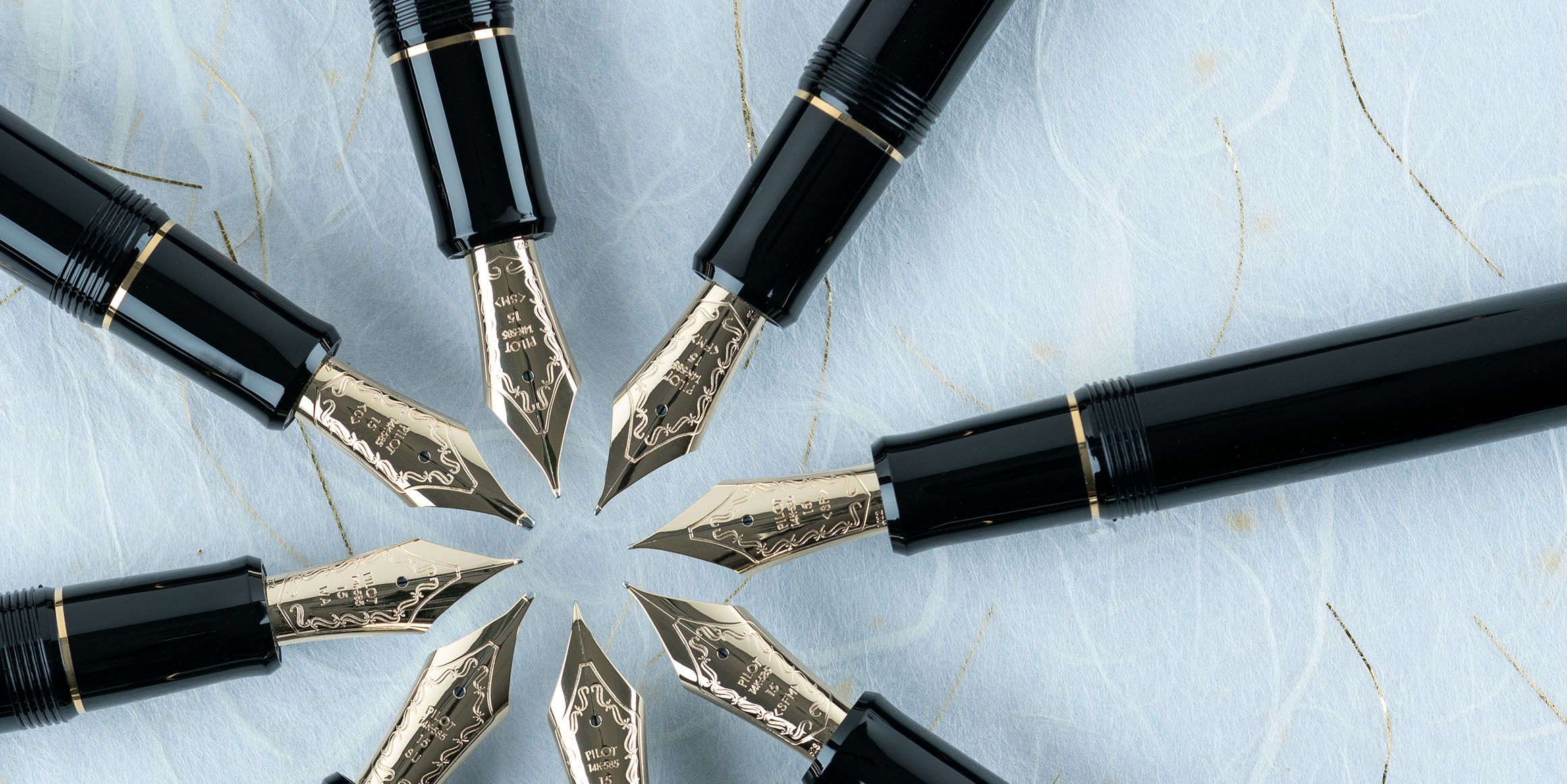 custom 743 black with gold fountain pens-new nibs in circle - Pen Chalet