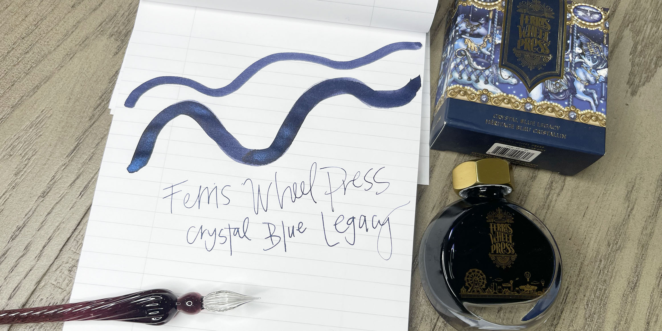 Crystal Blue Legacy ink review with ink bottle - Pen Chalet