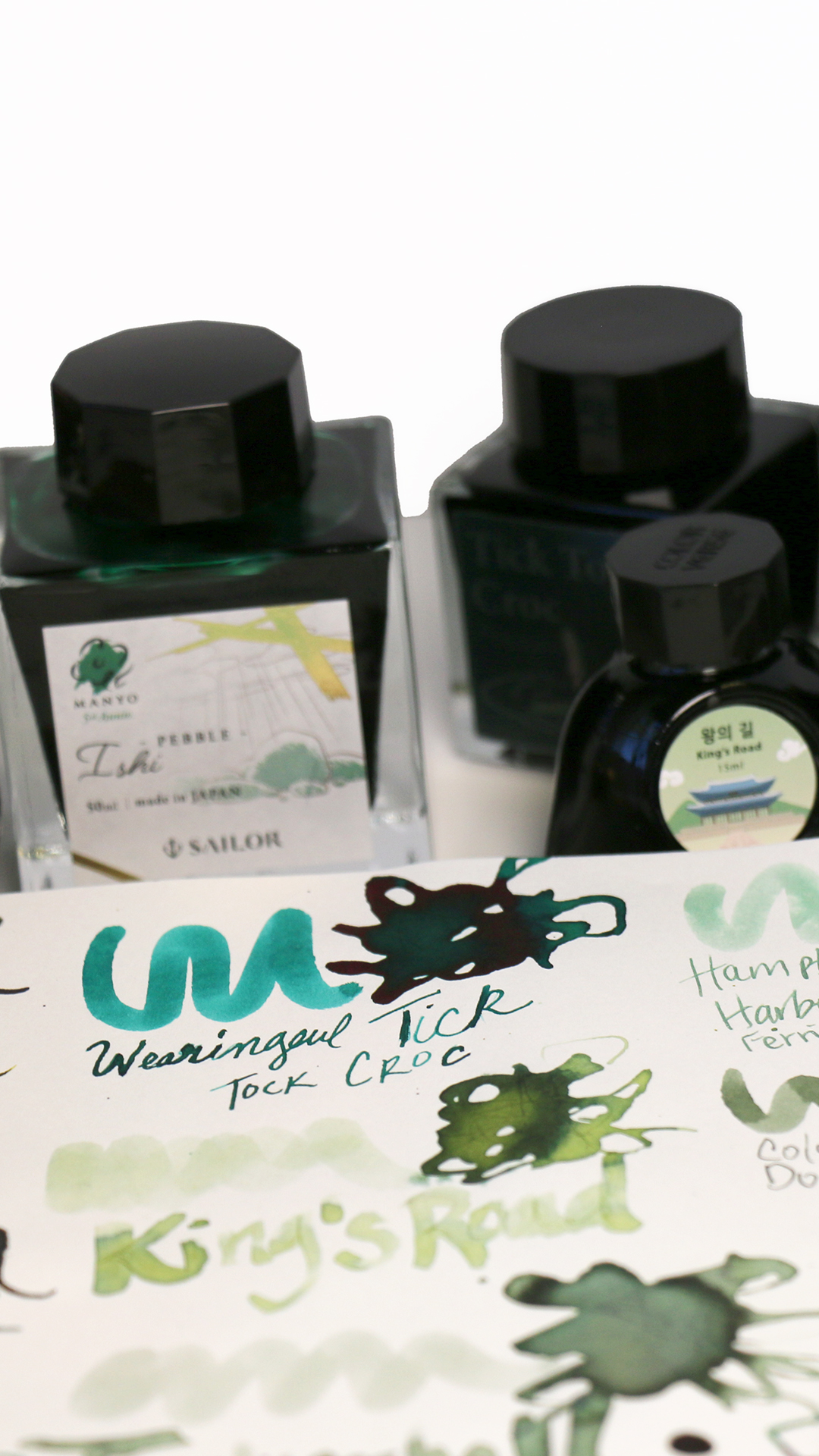 Green Ink Comparison August 2024 swatches and bottles_STORY - Pen Chalet